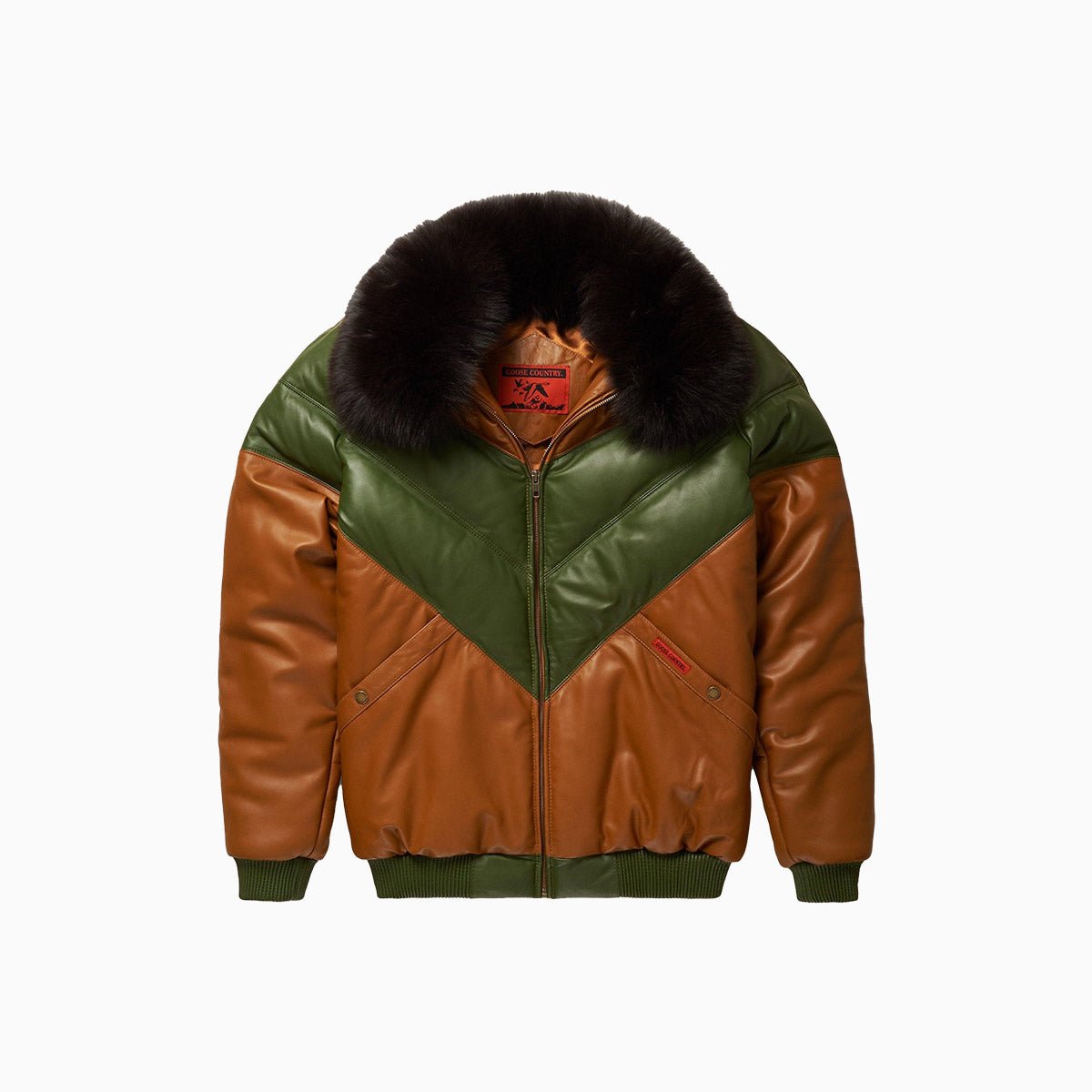 Goose Country Men's Brown & Green Leather V Bomber Jacket